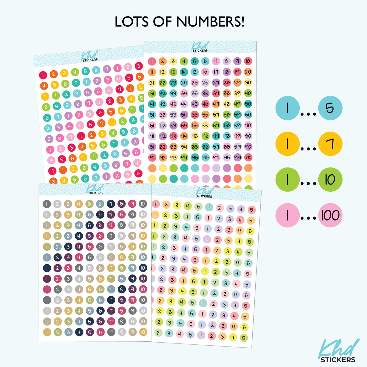 Lots of Numbers Dots – 1 to 5, 1 to 7, 1 to 10, and 1 to 100 – KHDStickers